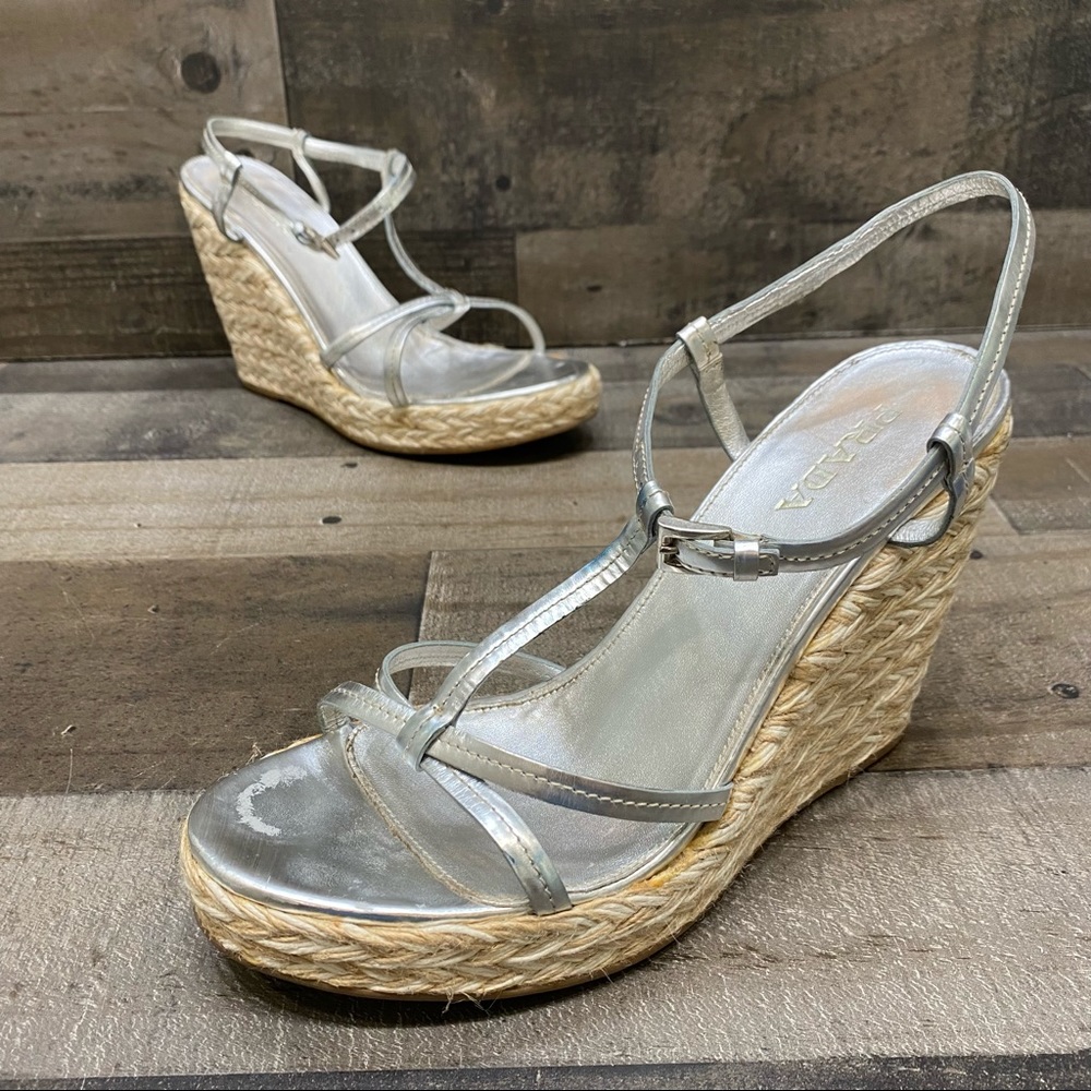 Prada Womens Wedge Silver Slingback Heels Sandals Siz… - Gem